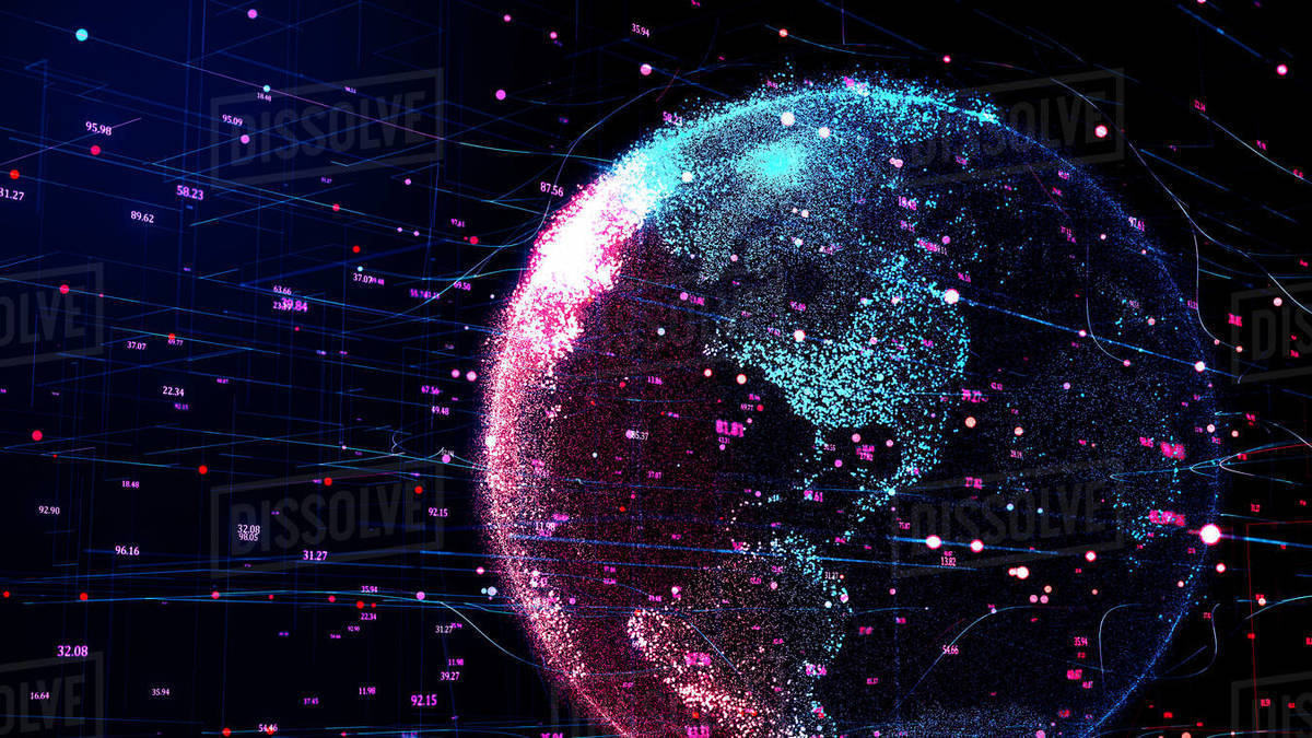 Red and blue planet Earth rotating in global futuristic cyber network ...