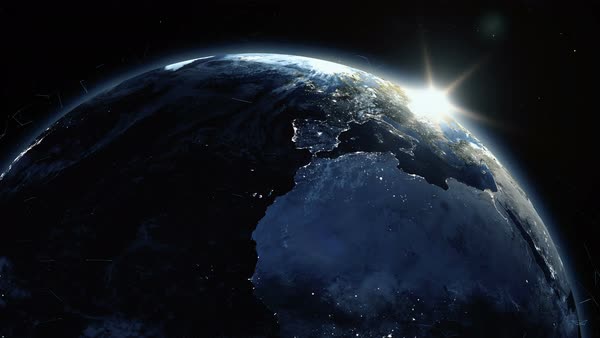 Realistic sunrise over planet Earth with digital data grid mesh around ...
