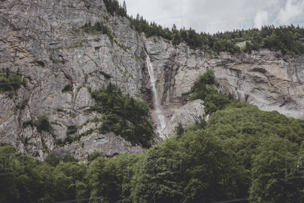 View valley of waterfalls in national park of city Lauterbrunnen ...