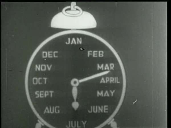 Close-up of cartoon alarm clock labeled January through December - SD ...