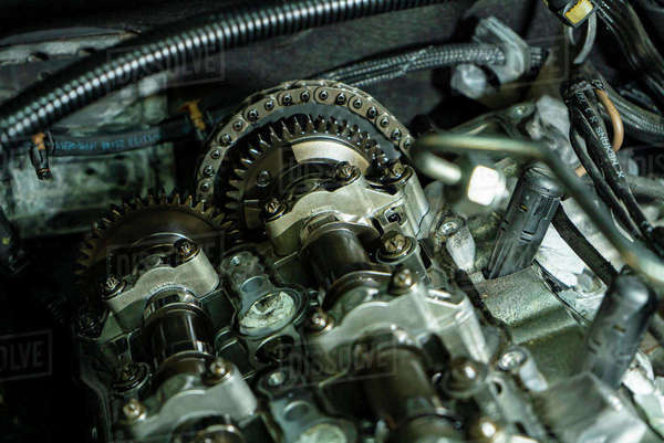 Detail of Timing chain of the car engine disassembled for maintenance ...