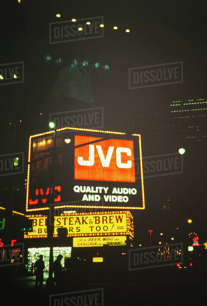 NEW YORK, UNITED STATES MAY 1970: New York night street view billboards ...