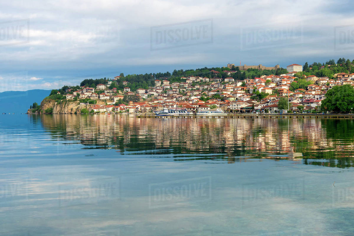 Ohrid old city reflected in Lake Ohrid, UNESCO World Heritage Site ...