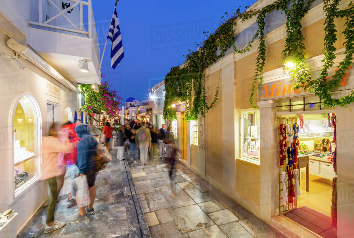 View of Oia village street at dusk, Santorini, Cyclades, Aegean Islands ...
