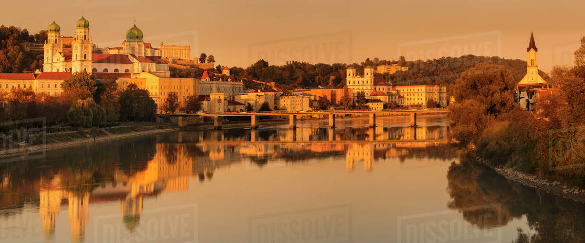 Panorama with St. Stephen's Cathedral at sunset in Passau, Germany ...