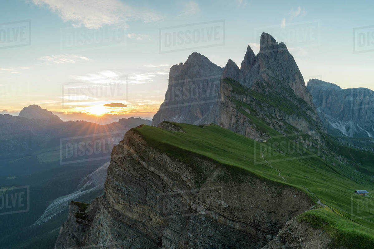 Seceda mountain at sunrise in Italy, Europe - Royalty-free Stock Photo ...