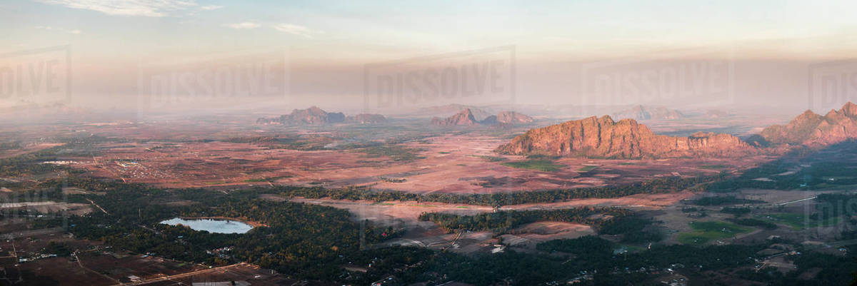 Limestone karst mountains and Thanlwin River, seen from Mount Zwegabin ...