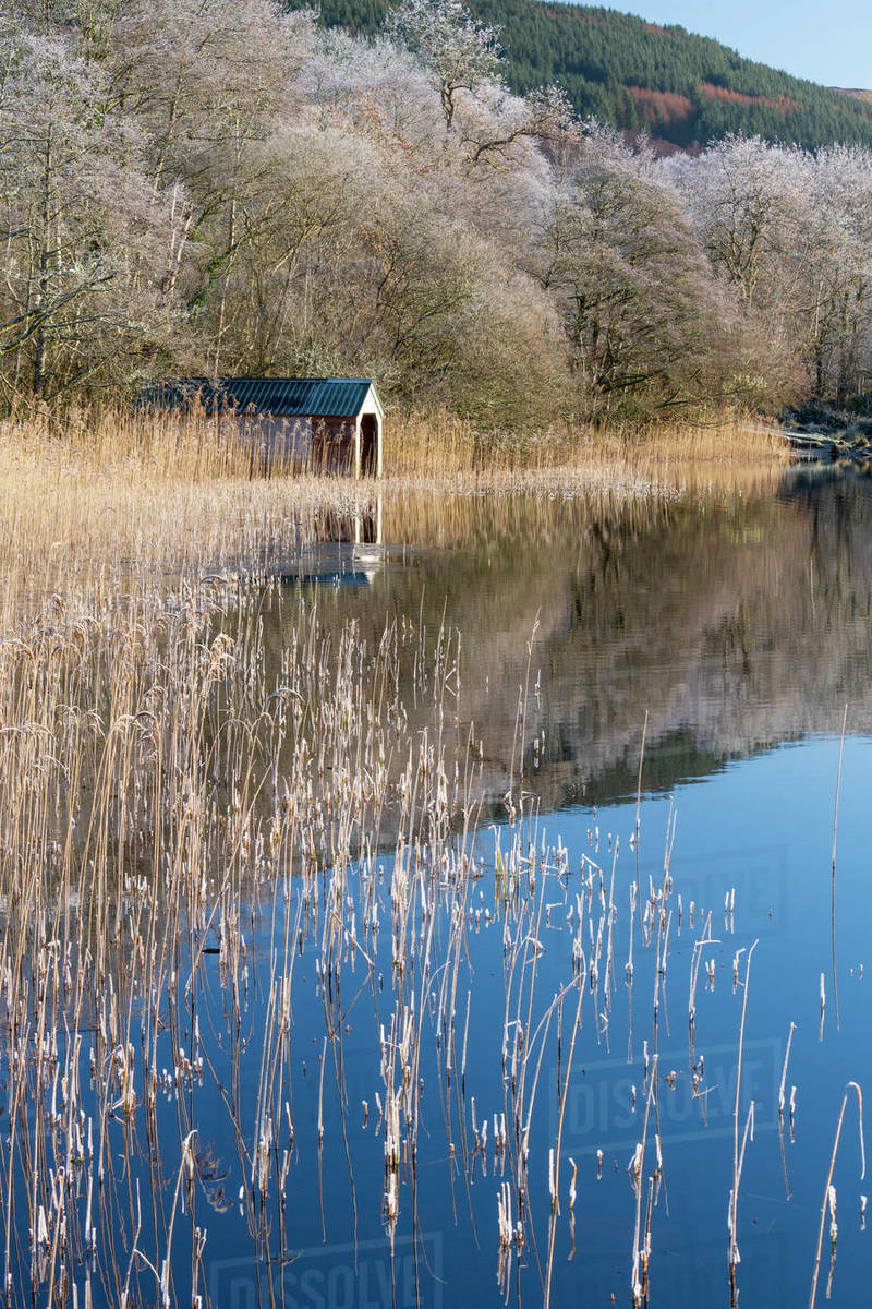Loch Ard partially frozen over and a hoar frost around Aberfoyle in the ...