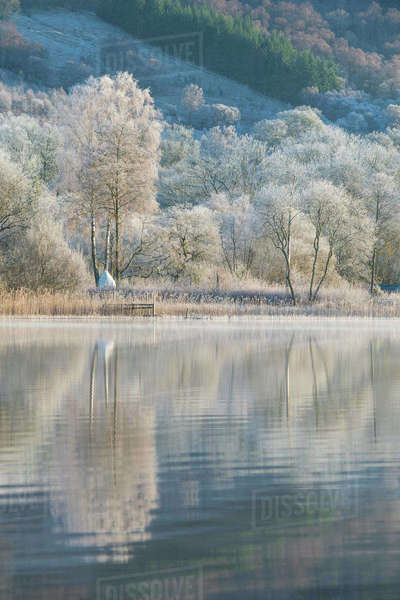 Loch Ard partially frozen over and a hoar frost around Aberfoyle in the ...