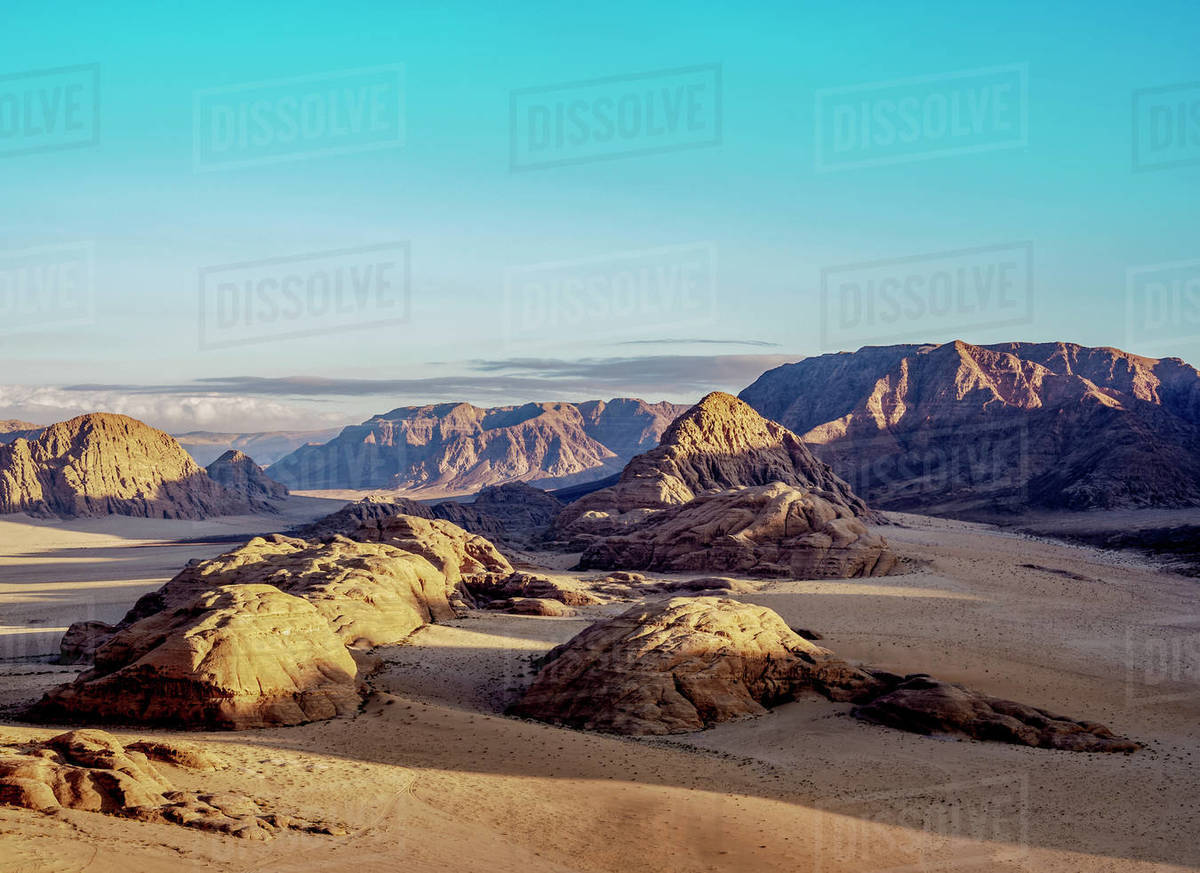 Landscape of Wadi Rum, aerial view from a balloon, Aqaba Governorate ...