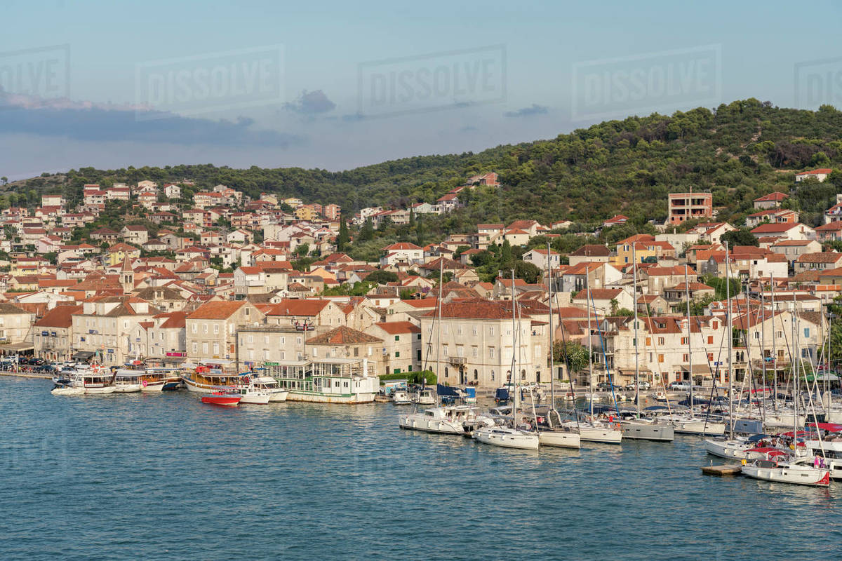 View of the harbour of Ciovo island from Karmelengo tower, Trogir ...