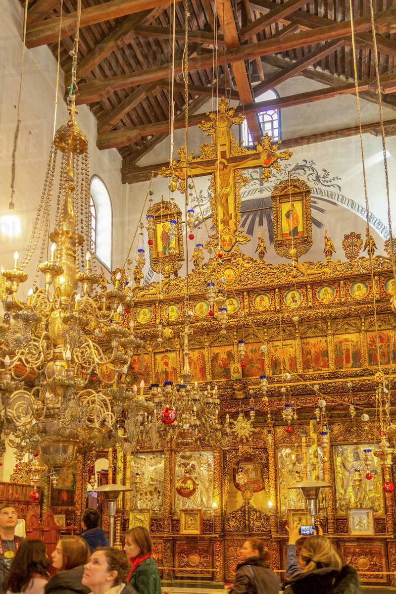 View of interior of Church of Nativity in Manger Square, Bethlehem ...