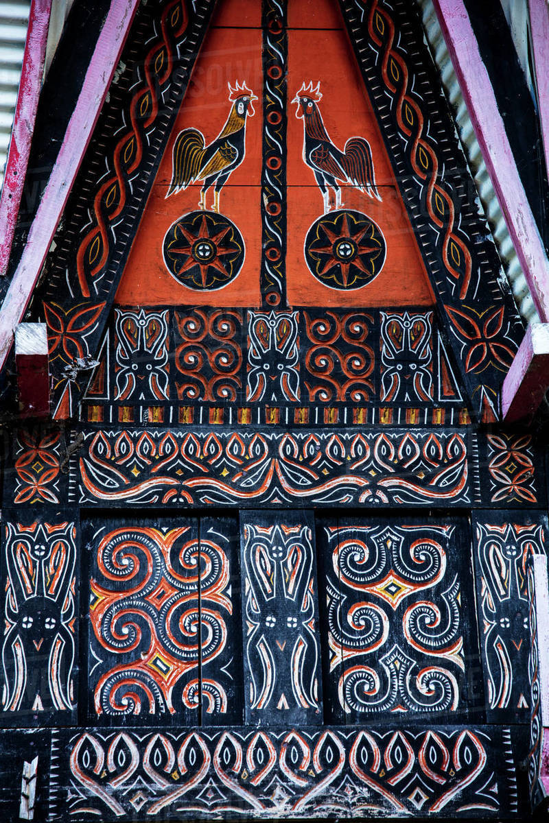 Decoration on a traditional Torajan Tongkonan long house, Tana Toraja ...