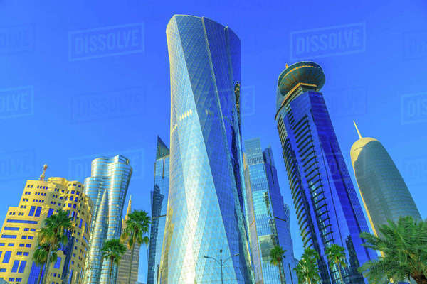Low angle view of Al Fardan Towers complex and Doha Tower, iconic ...