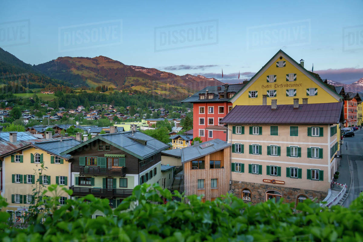 Panoramic view of town and mountains from elevated position, Kitzbuhel ...