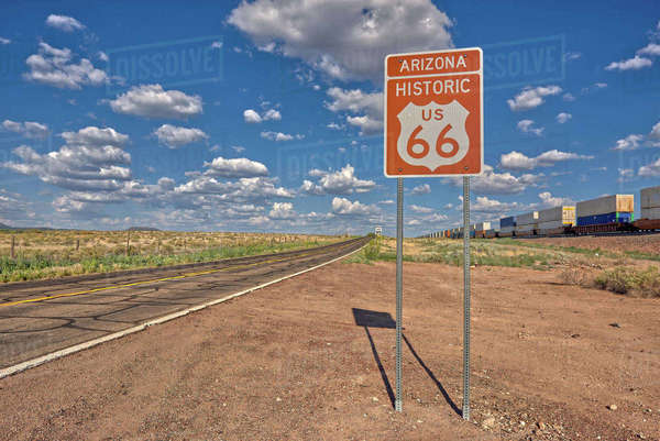Road sign marking Historic Route 66 just east of Seligman, the ...