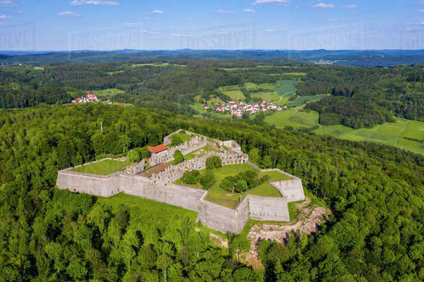 Aerial by drone of Fortress Rothenberg, Franconia, Bavaria, Germany ...