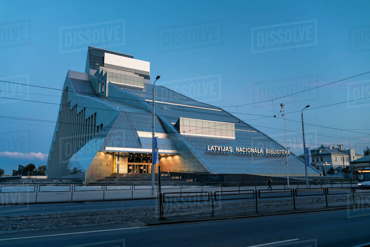 Latvian National Library at dusk, Gaismas Pils, UNESCO World Heritage ...