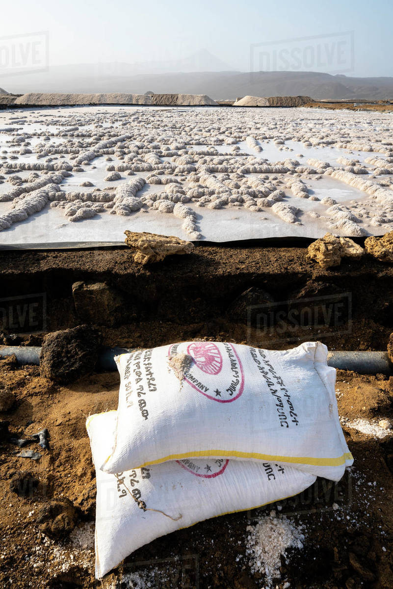 Salt bags and salt mine, Lake Afrera (Lake Afdera), Danakil Depression ...