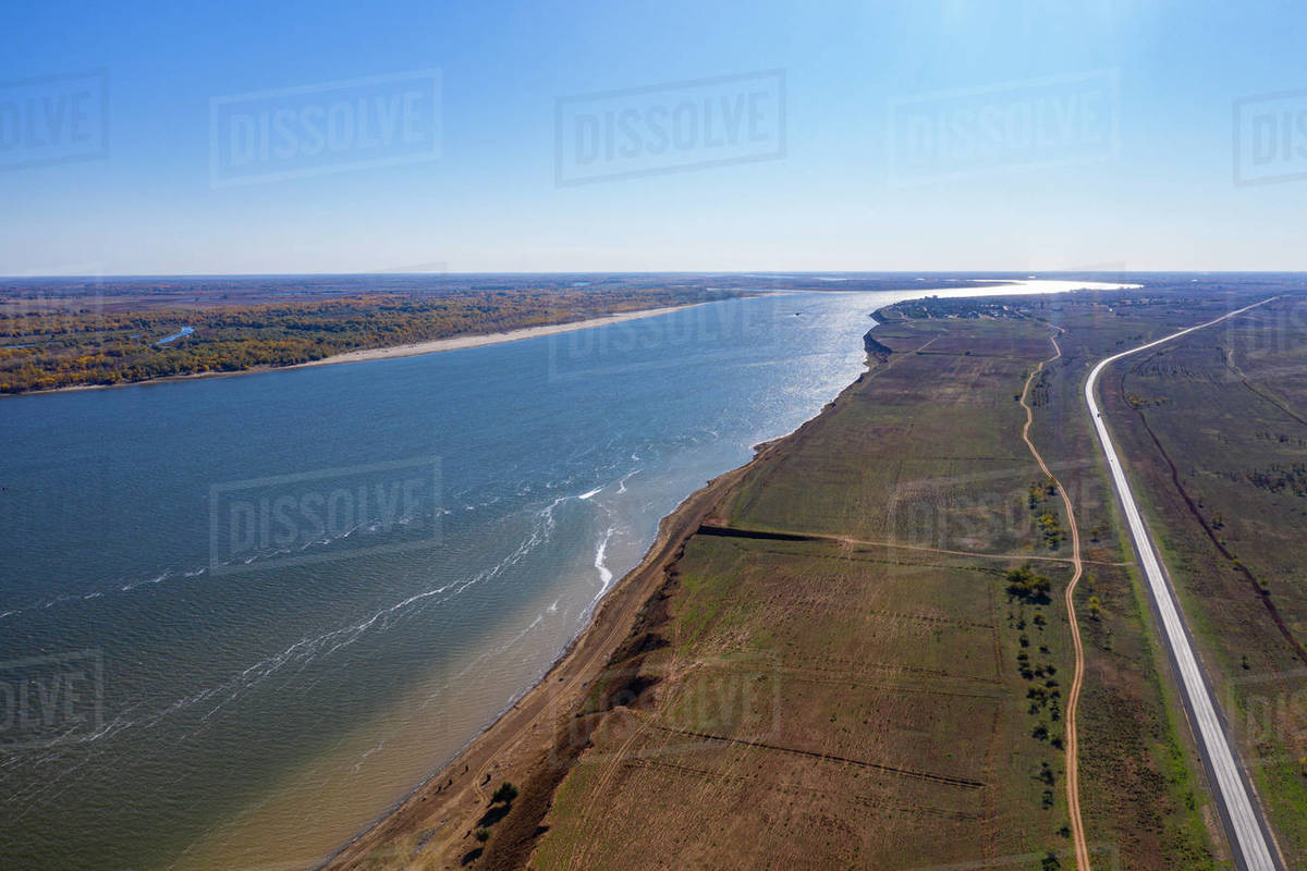 Aerial by drone of the Volga river, Astrakhan Oblast, Russia, Eurasia ...