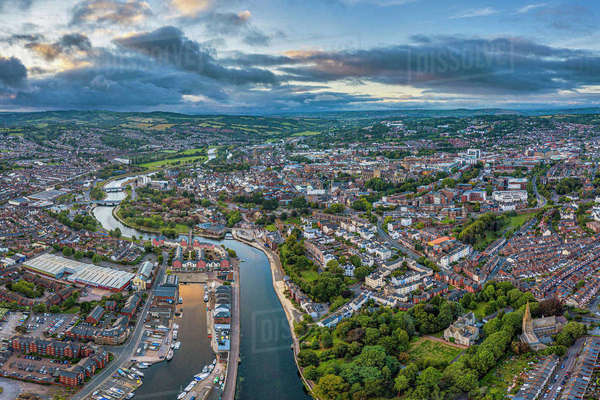 Aerial view over Exeter city centre and the River Exe, Exeter, Devon ...
