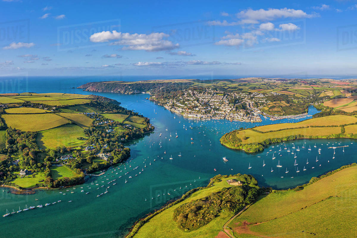Aerial view of Salcombe on the Kingsbridge Estuary, Devon, England ...