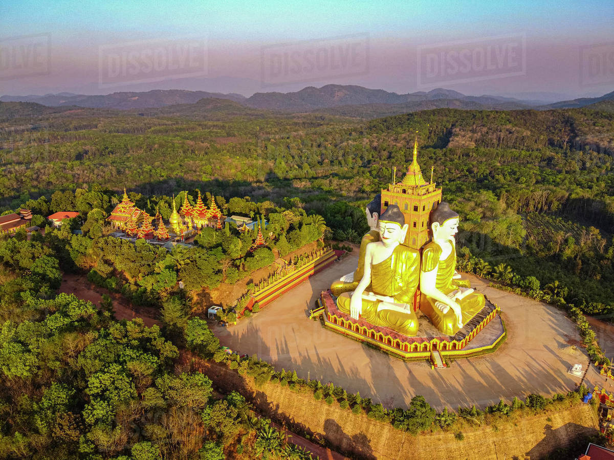 Aerial by drone of the huge sitting Buddhas, Ko Yin Lay, Pupawadoy ...