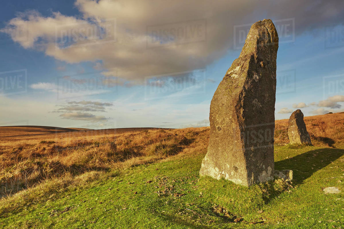 Ancient prehistoric standing stones in a stone circle, Scorhill Stone ...