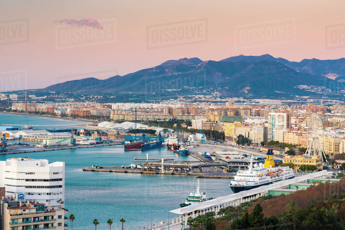 View from the view point of Gibralfaro by the castle over the harbor of ...