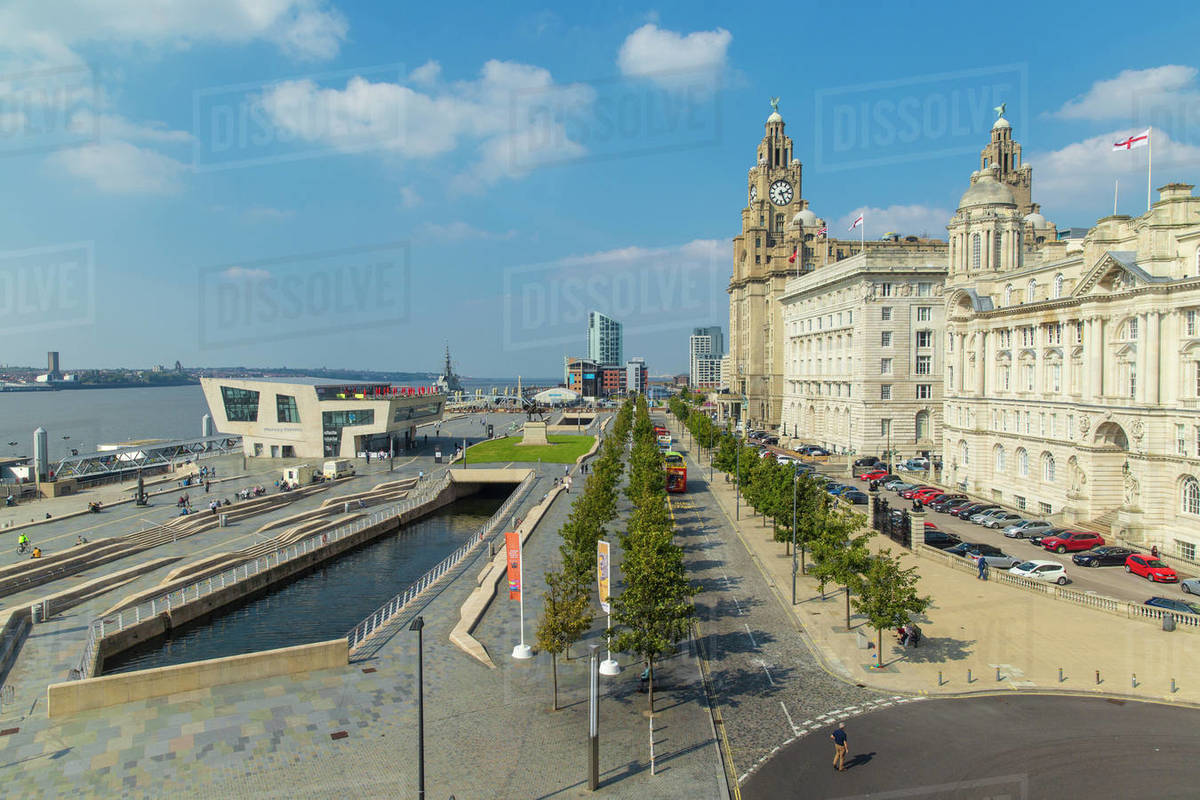 Pier Head, view of Mersey Ferry Terminal and the Three Graces Buildings ...