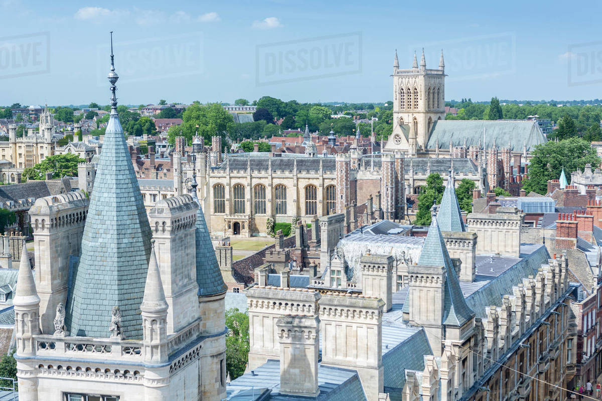 High angle view of the skyline of the city of Cambridge showing ...