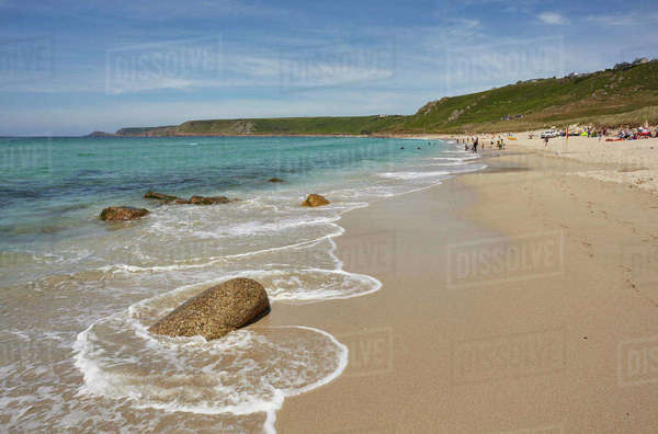 The huge beach at Whitesand Bay, at Sennen Cove, with Cape Cornwall in ...