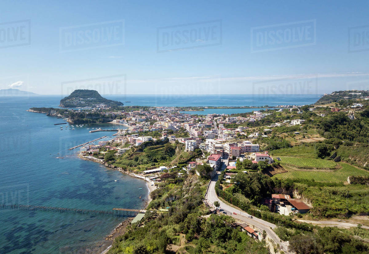 Aerial view of the city of Baia ( Baiae), an ancient Roman town ...
