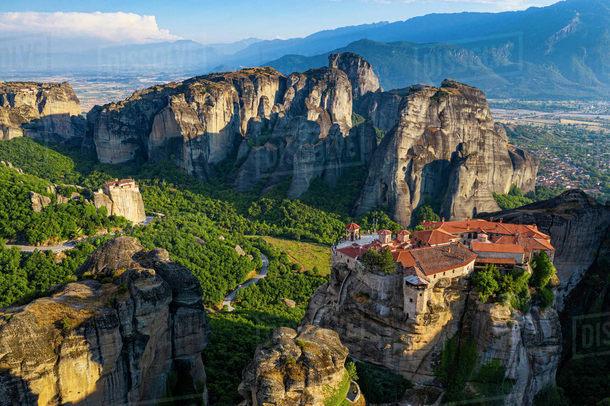 Aerial by drone of the Holy Monastery of Varlaam at sunrise, UNESCO ...