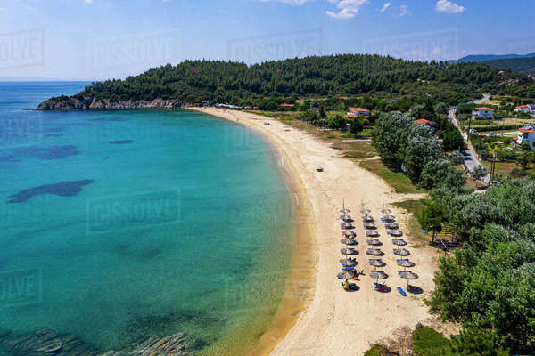 Aerial by drone of Destenika beach, Sithonia, Greece, Europe - Royalty ...