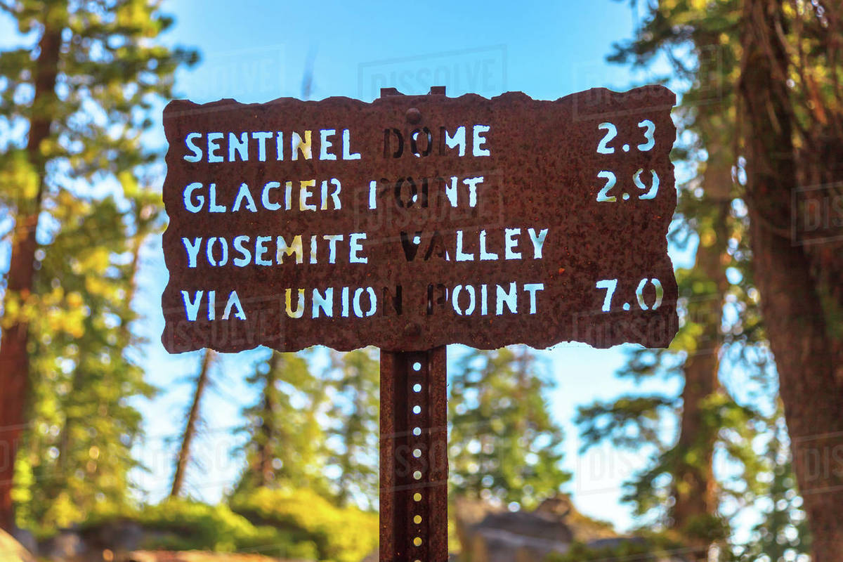 Yosemite National Park sign for Glacier Point, Taft Point and Sentinel ...