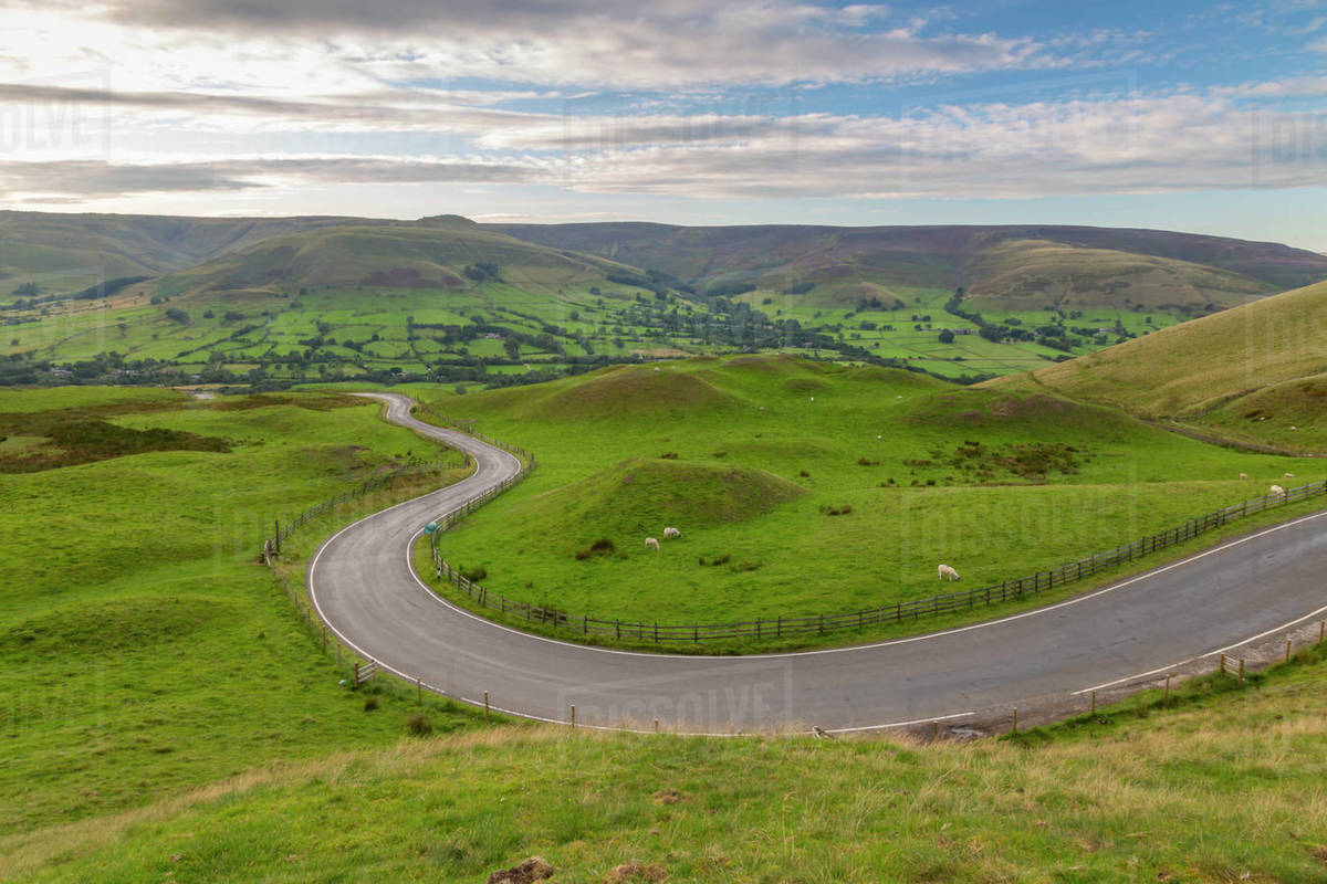 View of winding road toward Edale, Vale of Edale, Peak District ...