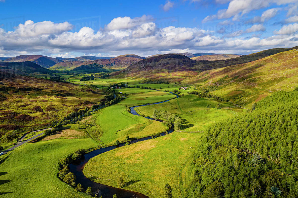 Aerial of the beautiful scenery around Dalnaglar Castle, Glenshee ...