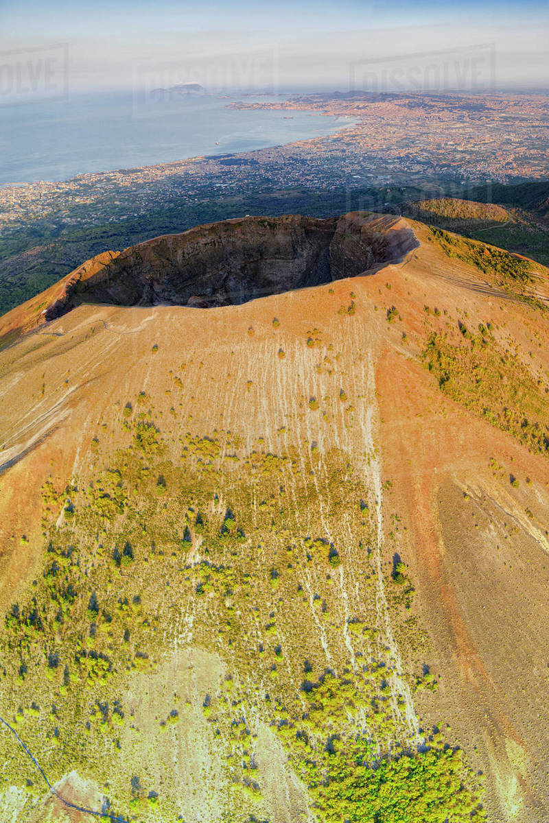 Aerial view of Vesuvius crater and Sorrento peninsula at sunrise ...