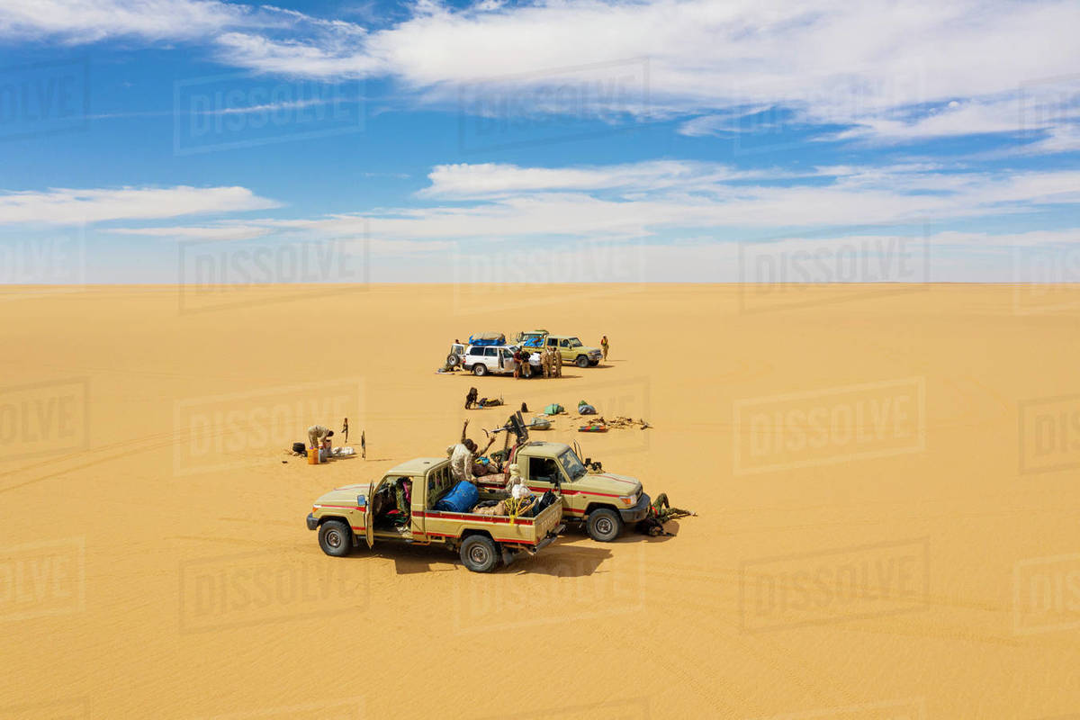 Aerial of people camping in the Tenere Desert, Sahara, Niger, Africa ...