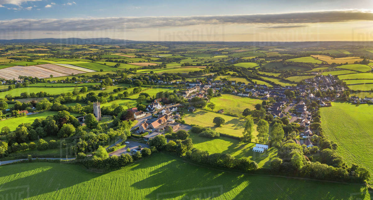 Aerial vista of the rural village of Morchard Bishop in summer, Devon ...