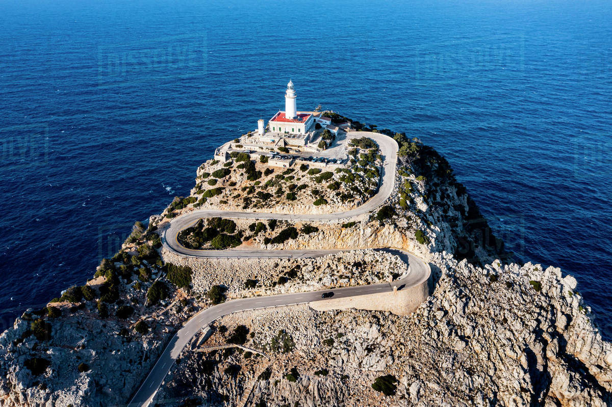 Aerial of the lighthouse at the Cap de Formentor, Mallorca, Balearic ...