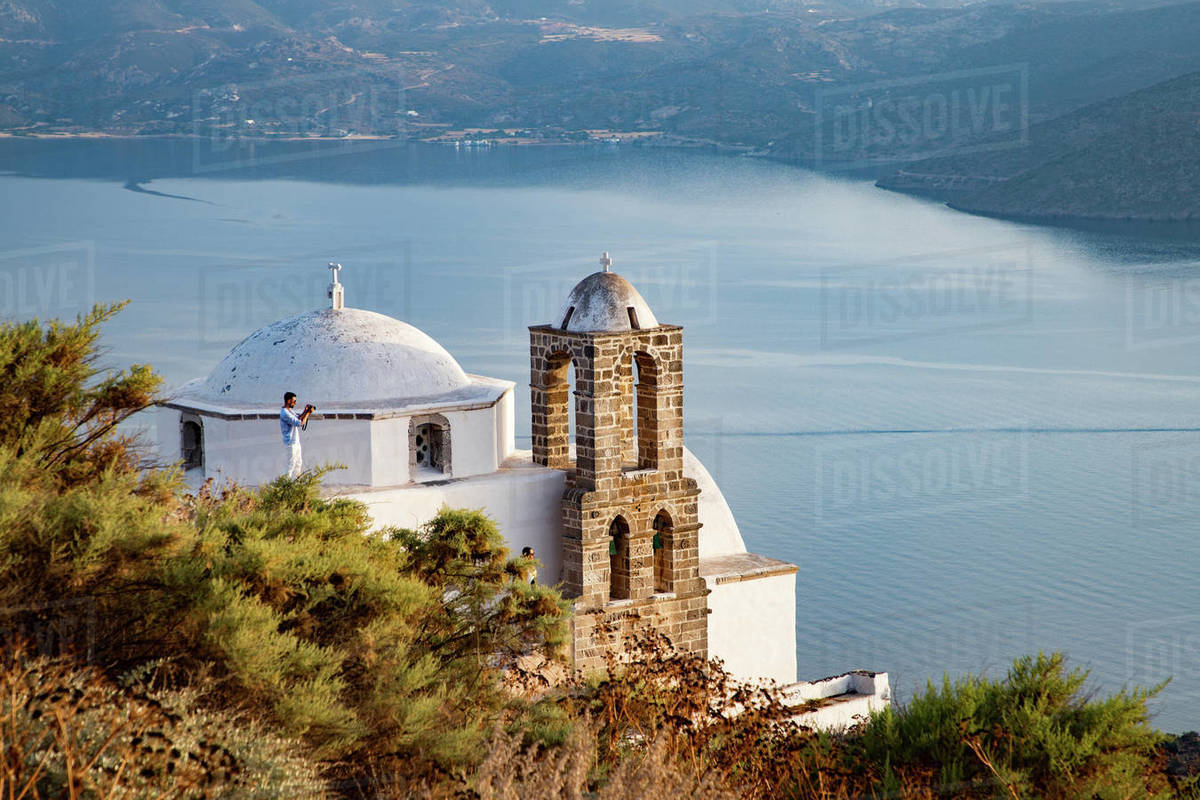 Domed church Pangia Thalassitra, church on Milos with a view over the ...