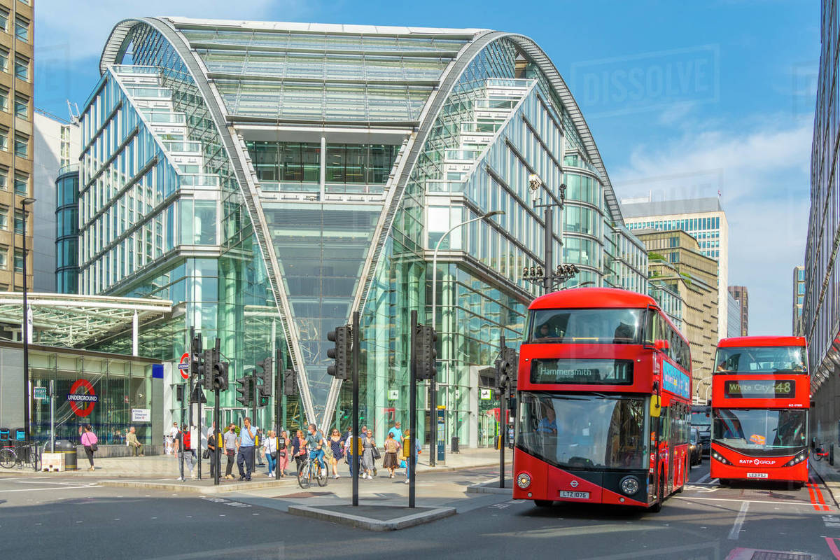 View of red double decker buses in Bressenden Place, Victoria, London ...