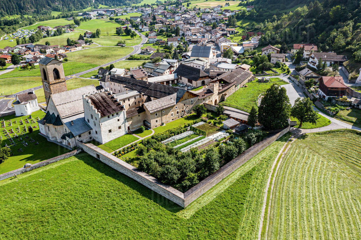 Aerial of the Benedictine Convent of St. John in Mustair, UNESCO World ...