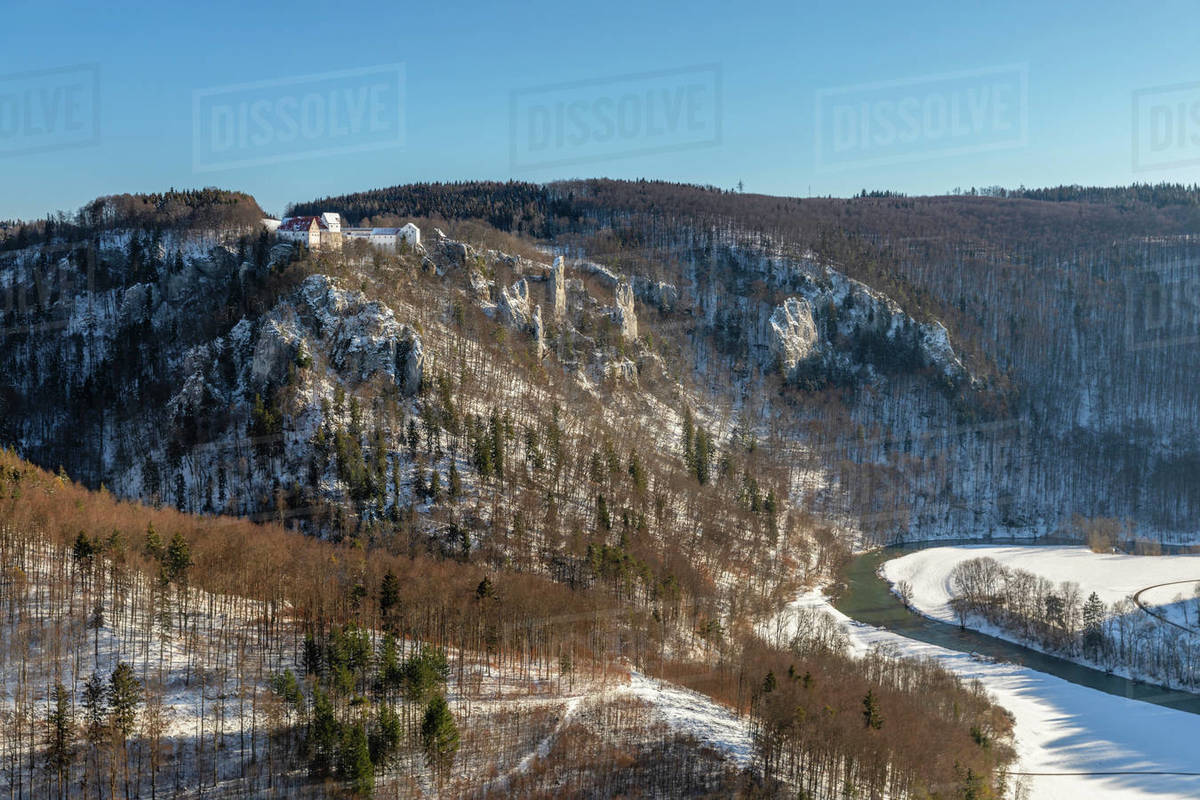 View over Danube Gorge to Wildenstein Castle, Upper Danube Nature Park ...