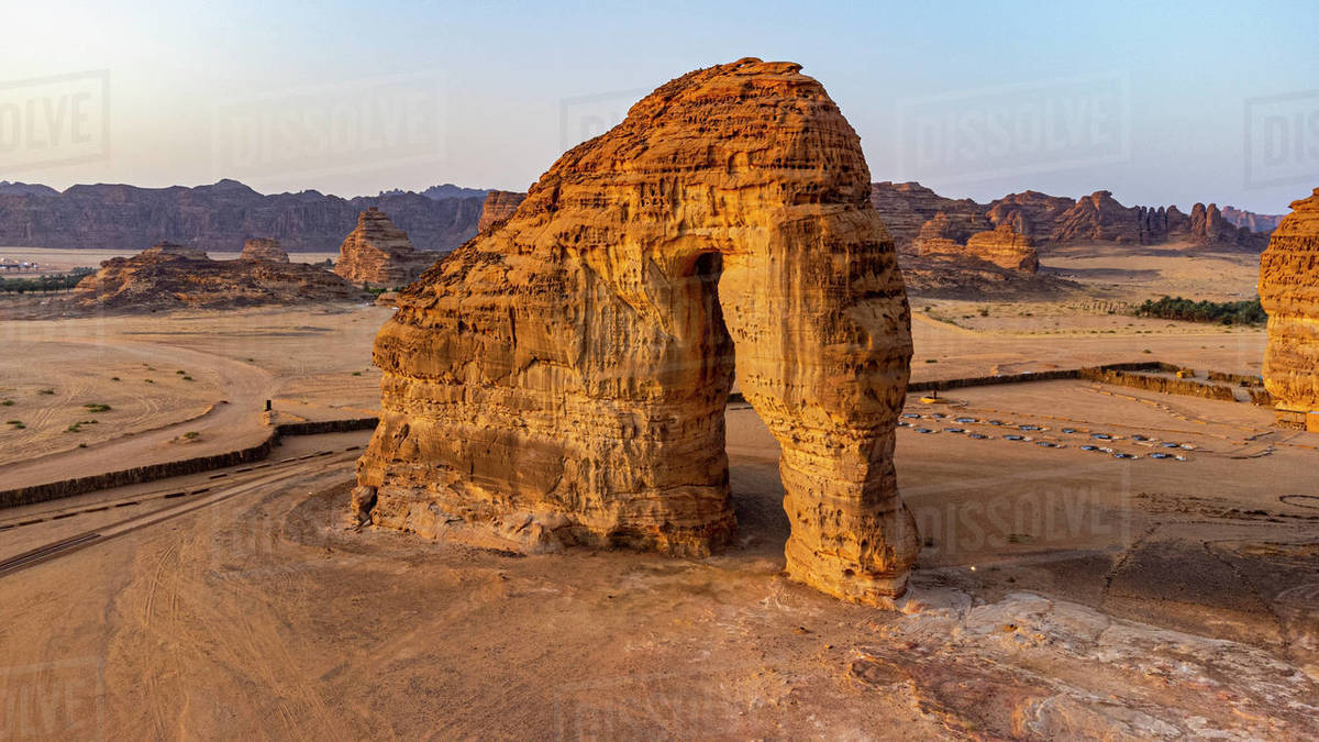 Aerial of the Elephant Rock, Al Ula, Kingdom of Saudi Arabia, Middle ...