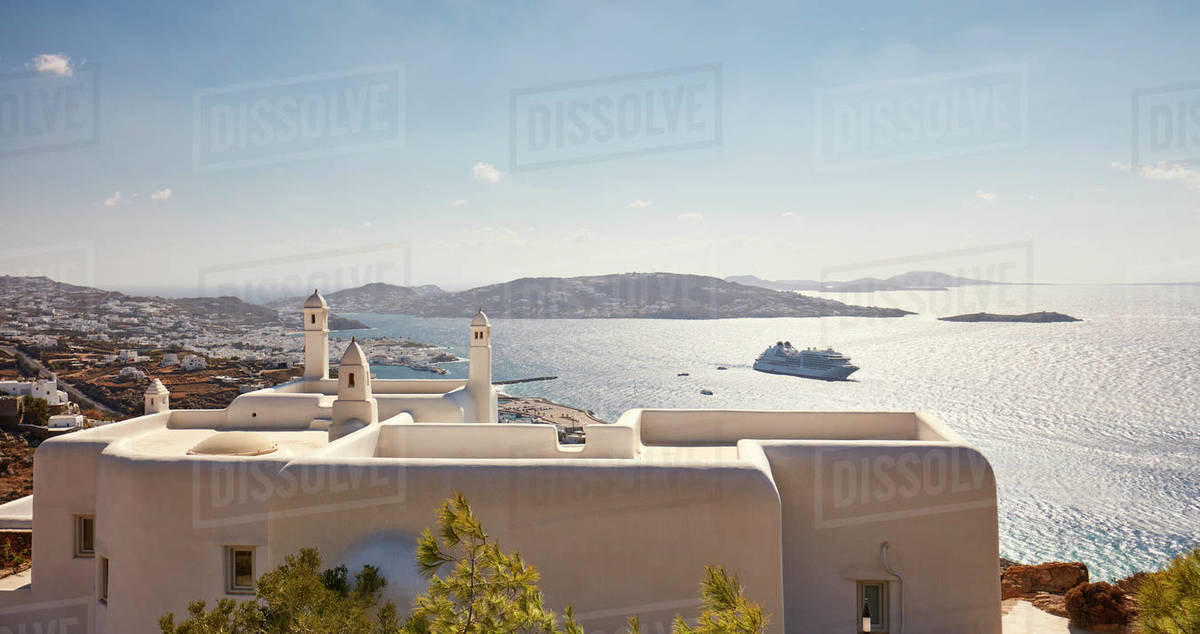 View over Mykonos with cruise ship and Delos island in the back ...