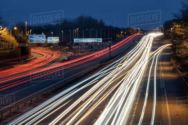 The M56 Motorway at night looking east at junction with the M6 ...