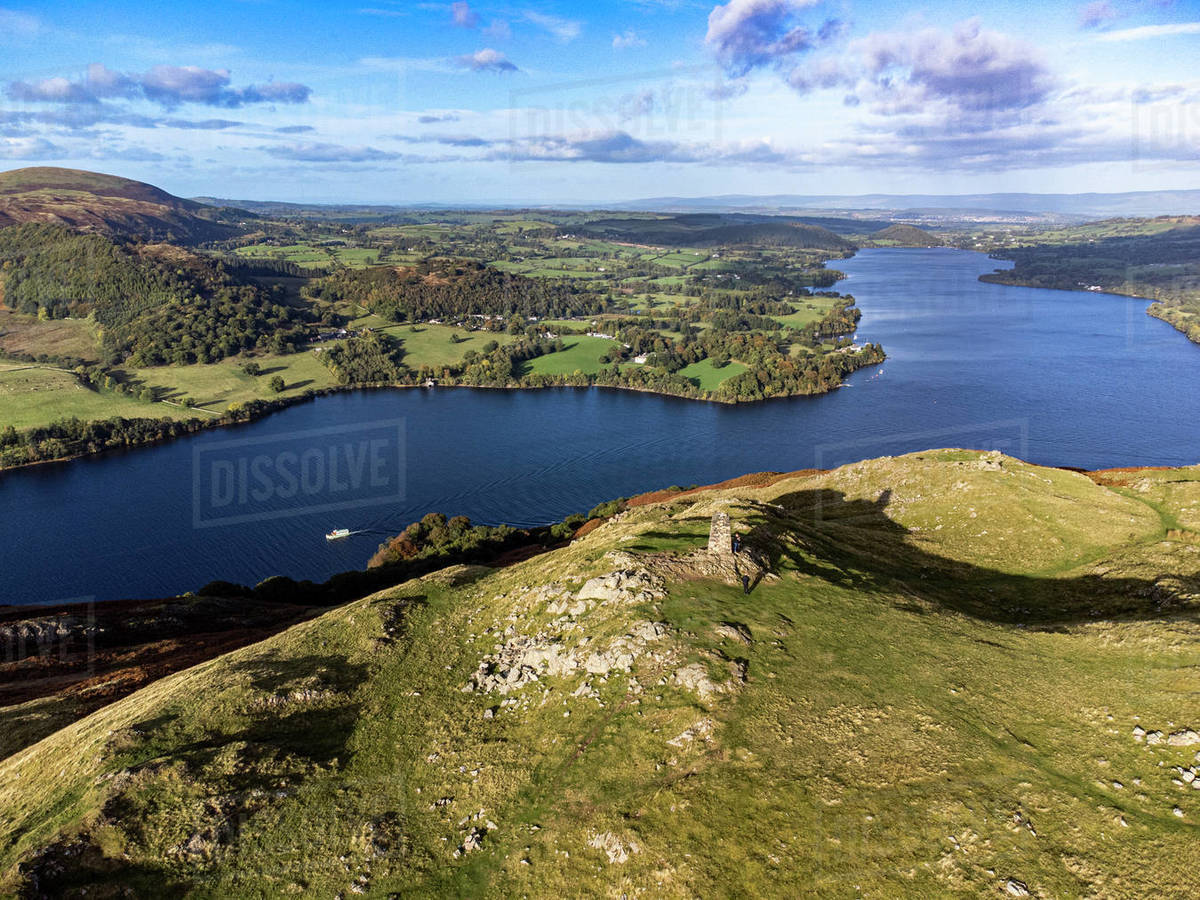 Aerial view of the summit of Hallin Fell and Ullswater, Lake District ...